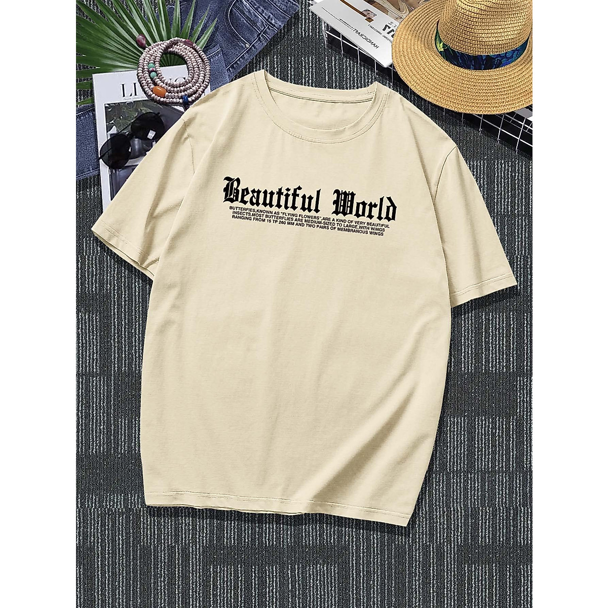 GORGLITTER Men's Graphic Print Short Sleeve T Shirt Round Neck Casual Tee Top Khaki Large