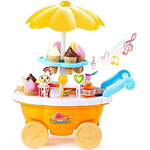 ToyVelt Ice Cream Toy Cart Play Set for Kids - 39-Piece Pretend Play Food - Educational Ice-Cream Trolley Truck with with Music & Lighting - Great Gift for Girls and Boys Ages 2,3 and up