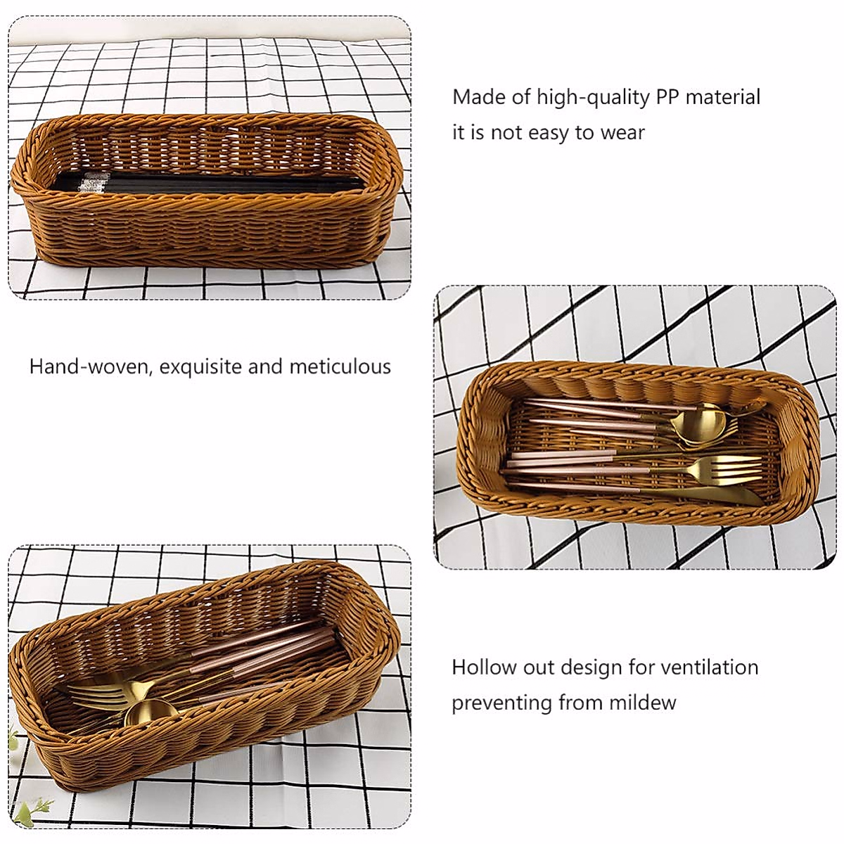 Cabilock Imitation Rattan Woven Flatware Basket Chopsticks Fork Storage Tray Kitchen Cutlery and Utensil Organizer Silverware Countertop Storage Container