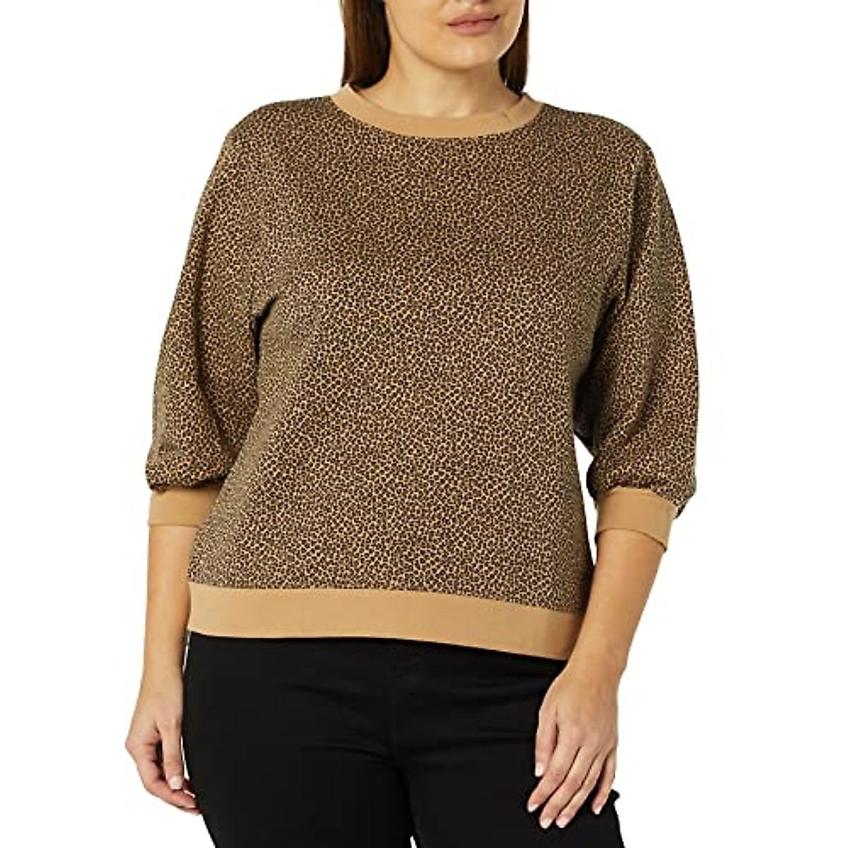 Amazon Essentials Women's French Terry Fleece Sleeve Detail Crewneck Sweatshirt, Camel Cheetah, Large