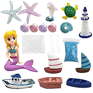 21 Pieces Fairy Garden Accessories, Blue Sand and Miniature Mermaid Dolphin Boat Steamship Figurines Decorations, Micro Beach Ocean Seaside Scene DIY Decor Kit