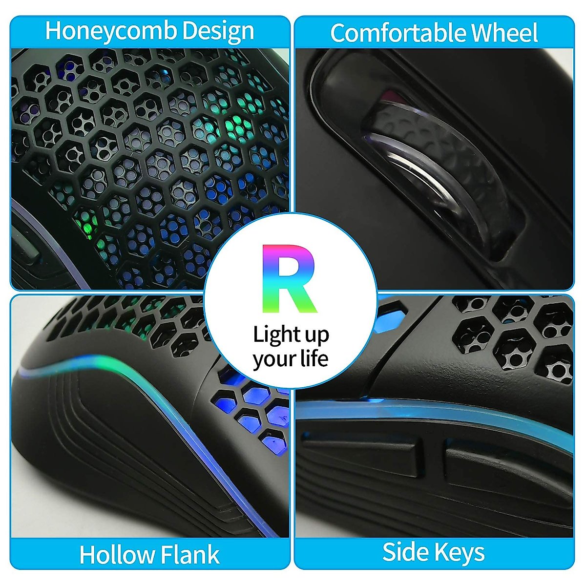 Honeycomb Wired Gaming Mouse, RGB Backlight and 7200 Adjustable DPI, Ergonomic and Lightweight USB Computer Mouse with High Precision Sensor for Windows PC & Laptop Gamers (Black)