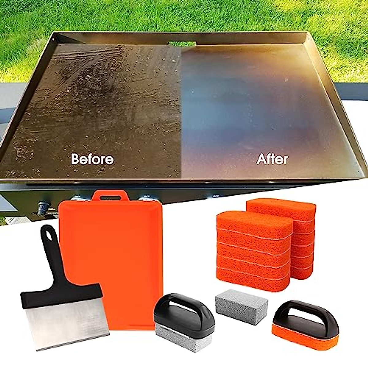 KTUOPEE Griddle Cleaning Kit for Blackstone 18 Pieces Flat Top Grill Accessories Cleaner Tool Set with Scraper, Heat-Resistant Silicone Spatula Mat with Hanger, Cleaning Brick, Scouring Pads