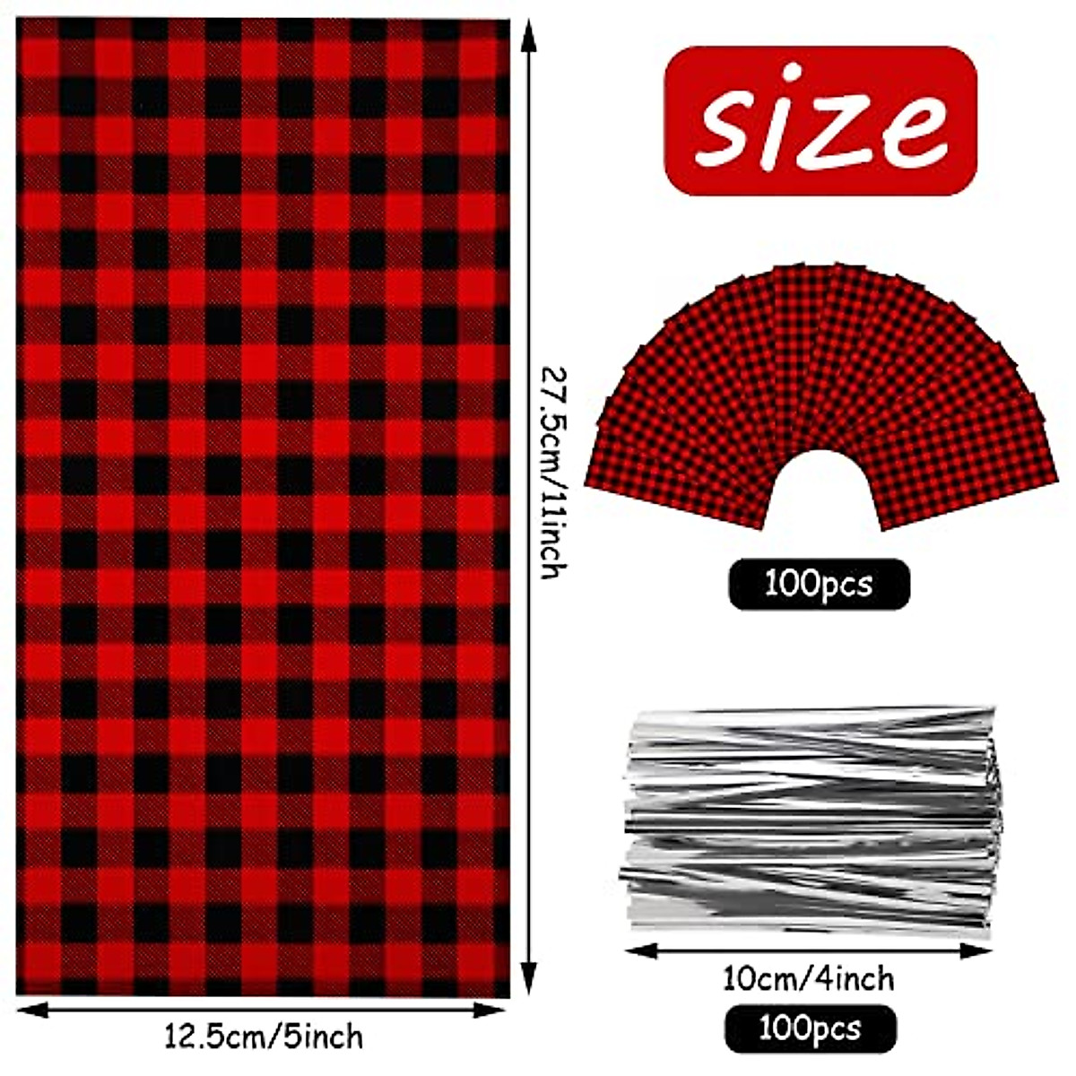 Gersoniel 100 Pieces Christmas Cellophane Bags Party Treat Favor Bags Red and Black Buffalo Plaid Candy Bags Xmas Checkered Cookie Bags with 100 Pieces Twist Ties for Christmas Birthday Wedding Party