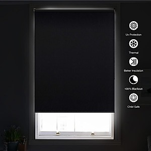 LINKCOO 100% Blackout Roller Window Shades, Room Darkening Window Blinds with Thermal Insulated Fabric, Corded Roll pull down shades for home and office (Black - Width 20", Max Drop Height 79")