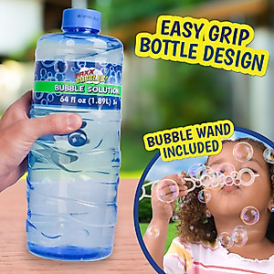 Sunny Days Entertainment Bubble Solution Refill with Wand 64oz Non Toxic (1/2 Gallon), Kids Easy Grip Bottle Refill for Bubble Machine, Bubble Wands, Bubble Toys