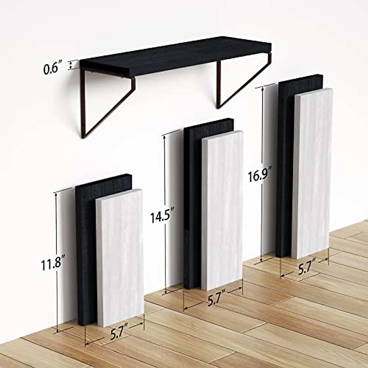 Love-KANKEI Floating Shelves Rustic Shelves Wall Mounted Set of 3 Wall Storage Shelves for Living Room, Bedroom, Kitchen Black/Brown Brackets