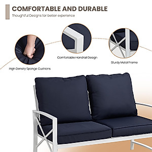 Shintenchi 5 Piece Outdoor Furniture Sets, White Metal Sofa Conversation Sets with Loveseat, Two Single Chairs and Two Coffee Tables for Backyard, Patio, Balcony, Poolside (Dark Blue)