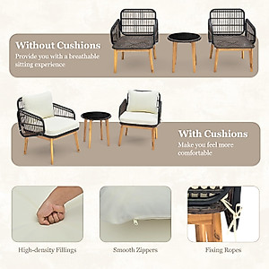 HAPPYGRILL 3 Pieces Acacia Wood Patio Bistro Set, Wicker Outdoor Furniture Set with Cushioned Chairs and Tempered Glass Side Table, PE Rattan Wicker Chair with Table for Porch, Balcony, Deck