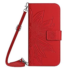 ONV Wallet Case for Oppo Realme 7 Pro - with 1.5M Strap Sunflower Flip Leather Case Embossment Card Slot Shockproof Kickstand Magnetic Cover for Oppo Realme 7 Pro [HT] -Red-T