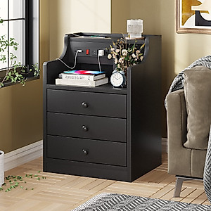 ADORNEVE Nightstand with Charging Station,Black Night Stand for Bedroom,End Table with Hutch & Storage Drawers