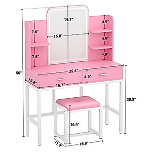 armocity Vanity Desk with Mirror and Light, Makeup Vanity with Cushioned Stool, Vanity Table Set with 3 Color Lighting Options, Modern Dressing Table with 2 Storage Drawers for Bedroom, Pink
