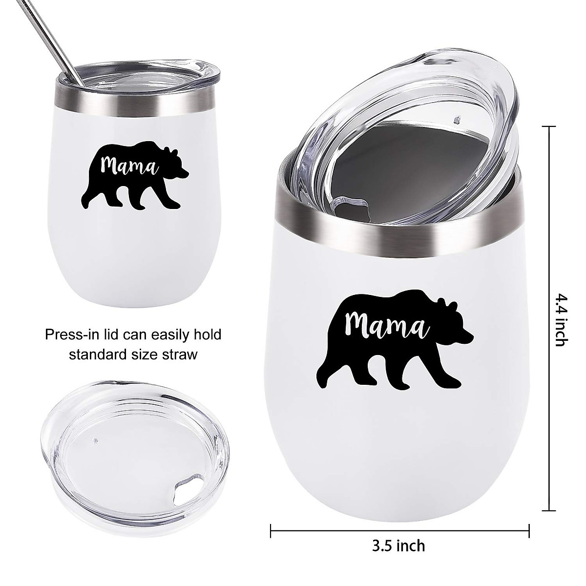 Gingprous Mama Bear, Papa Bear Couple Wine Tumbler Set, Gifts for Couples, New Parents, Pregnancy, New Mom and New Dad, 12 Oz Insulated Stainless Steel Wine Tumbler with Lid(Set of 2, Black and White)