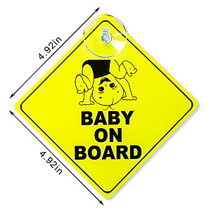 2Pcs Baby on Board Sticker Sign for Cars Bright Yellow Baby On Board Warning Signs with Suction Cups for Car Window Waterproof Sunproof Durable and Strong Safety Warning Car Sticker Signs 5"x5"