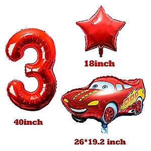 PANTIDE 8 Packs Race Car Balloons for 3rd Birthday Kit - Racing Double-Sided Foil Balloons, Giant Red Number 3 Balloons, Let’s Go Racing Birthday Party Decorations Supplies for Kids Boys Race Fans