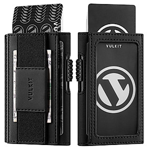 VULKIT Slim Wallet for Men Inner Pop Up RFID Blocking Aluminum Card Holder Leather Minimalist Wallet with Cash Strap and ID Window Black