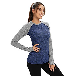 Fleece Lined Shirt for Women Long Sleeve Running Shirts with Thumb Holes（Navy-Grey,Medium