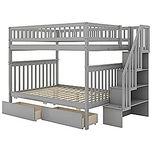 LCH Stairway Twin Over Full Bunk Bed with Storage Staircase & Desk & Bookshelves & Two Drawers, Solid Wood Bedframe w/Safety Guardrail, Perfect for Kids Bedroom,Dorm,Guest Room Furniture, Grey