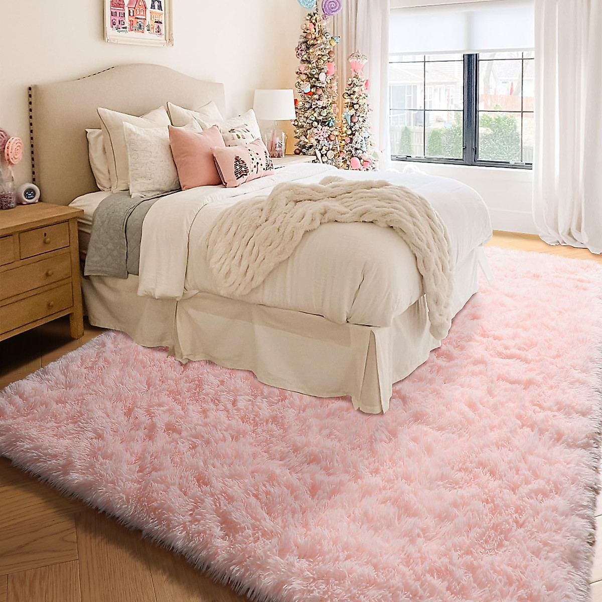 PAGISOFE Pink Rugs for Girls Bedroom 4x6 Ft Fluffy Cute Girls Room Decor Aesthetic Area Rug Kawaii Baby Nursery Rug Plush Playroom Rug Shag Teen Girls Rug Thick Fur Dorm Rug Living Room Carpet