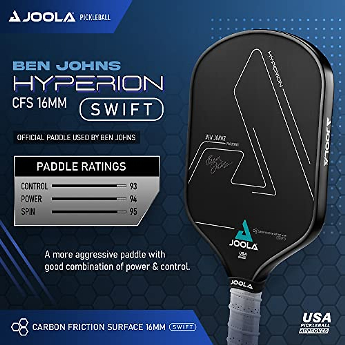 JOOLA Ben Johns Hyperion CFS 16mm Swift Pickleball Paddle - USAPA Approved for Tournament Play - Carbon Fiber Pickle Ball Racket - Maximum Speed with High Grit & Spin