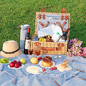 DHAEE Wicker Picnic Basket Set for 4 Person with Cooler Compartment and Waterproof Picnic Blanket,Removable Strap,Wine Bag,Cutlery Set,for Camping,Day Travel,Beach,Hiking,BBQ and Family/Couples Gifts