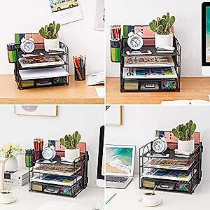 Marbrasse 4-Trays Desk File Organizer with 2 Pen Holder, Desktop Hanging File Holder with Drawer, Paper Letter Tray Organizer, Mesh Office Supplies Desk Paper Organizer for Home Office (Black)