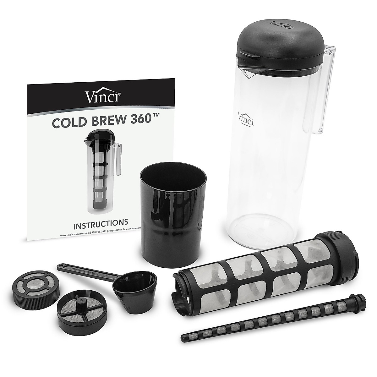 VINCI Cold Brew 360, 1.4L Cold Brew Coffee Maker Featuring Patented Dual Filter 360 Brewing Technology, Cold Brew Pitcher for Iced Coffee