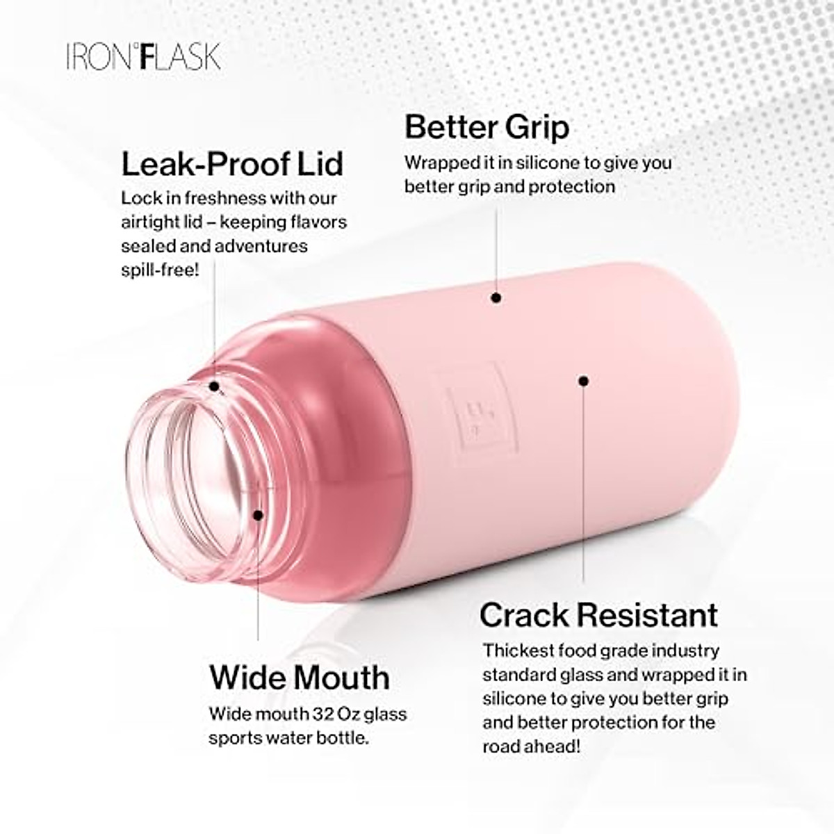 IRON °FLASK Glass Sports Water Bottle - Straw Lid, Airtight Leak Proof, Vacuum Insulated, Bosilicate Glass, Silicone Sleeve, Retains Temperature - Rose, 32 Oz