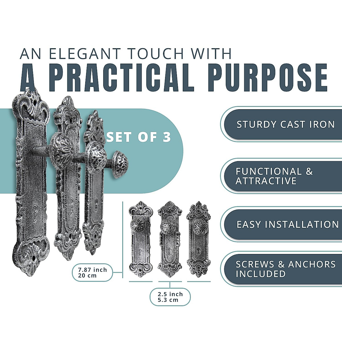 Shabby Chic Cast Iron Decorative Wall Mounted Hooks – Silver w/Black - Door Knob Coat Hooks for Wall - Set of 3 - Screws and Anchors Included - Antique Wall Hooks for Hanging Clothes