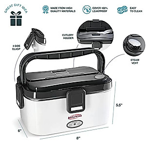 Electric Lunch Box Food Heater, Heated Lunch Box for Adults and kids, food warmer lunch box, 70W 110V/12V/24V, heating lunch box for work, food warmer for car, 1.8L with Cutlery Set & Ice Pack