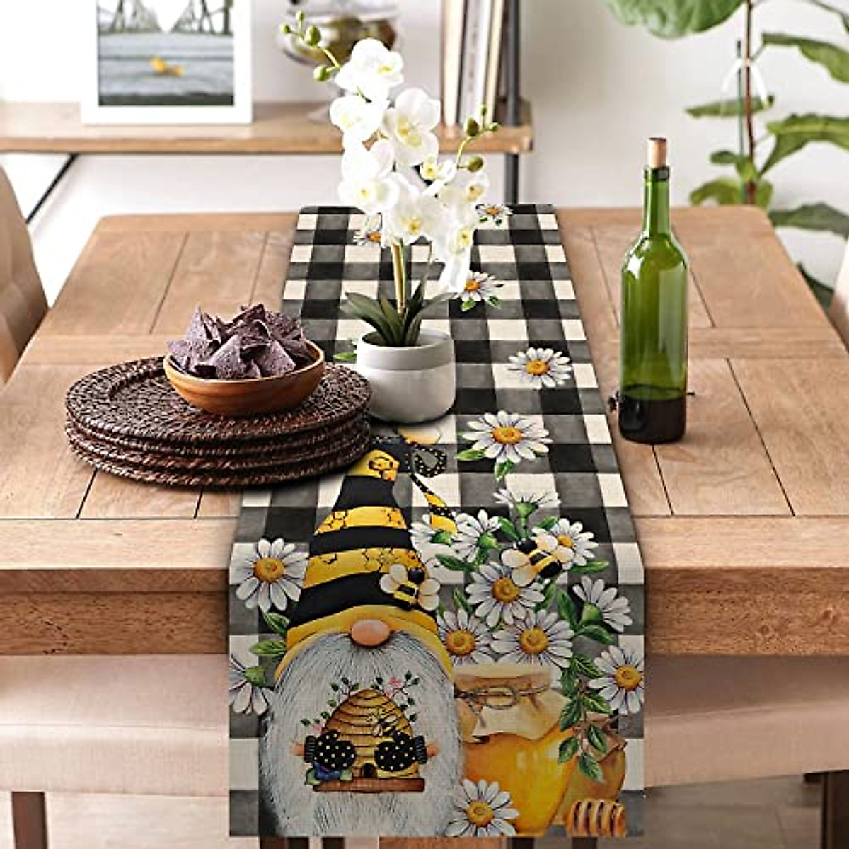 Seliem Spring Bee Gnome Table Runner, Honey Black White Buffalo Plaid Check Home Kitchen Dining Decor, Summer Seasonal Farmhouse Daisy Decorations Indoor Outdoor Anniversary Party Supply 13 x 72 Inch