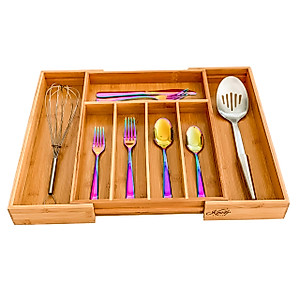 Expandable Drawer Organizer By Kozy Kitchen| 100% Organic Bamboo| Premium Cutlery and Utensil Tray| Perfect For The Kitchen, Bathroom, Desk, etc.| Adjustable Kitchen Drawer Divider with 7 Compartments