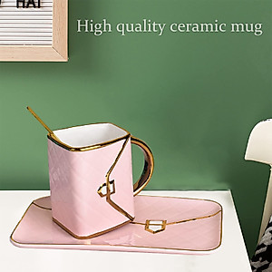 LISANEK Ceramic Coffee Mug with Saucer Set,Creative Cup Cute Handbag Shaped Mug and Saucer,10 oz/300 ml Coffee Tea Latte Milk Mugs for Home Office (Pink)