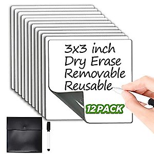 Dry Erase Sticky Notes. Reusable Whiteboard Stickers 3"x3" 12 Pack. Suitable for All Smooth Surface. Great for Labels, Lists, Reminders and Decals. Washable, Removable and Eco-Friendly