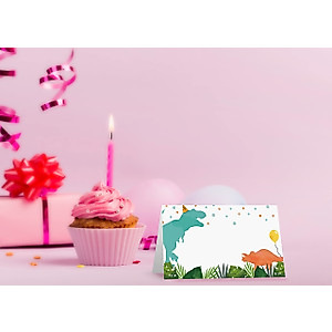 Table Place Card, Dinosaur Themed Tent Style Cards, Pack of 25 Half-Fold Reception Place Card, Green Blue Dino Food Labels, Perfect for Baby Shower, Dinosaur Birthday Party C07