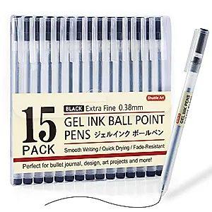 Shuttle Art Gel Ink Ball Point Pens, 15 Pack Black Japanese Style Pens, 0.38mm Extra-Fine Ballpoint Pens for Home, School and Office