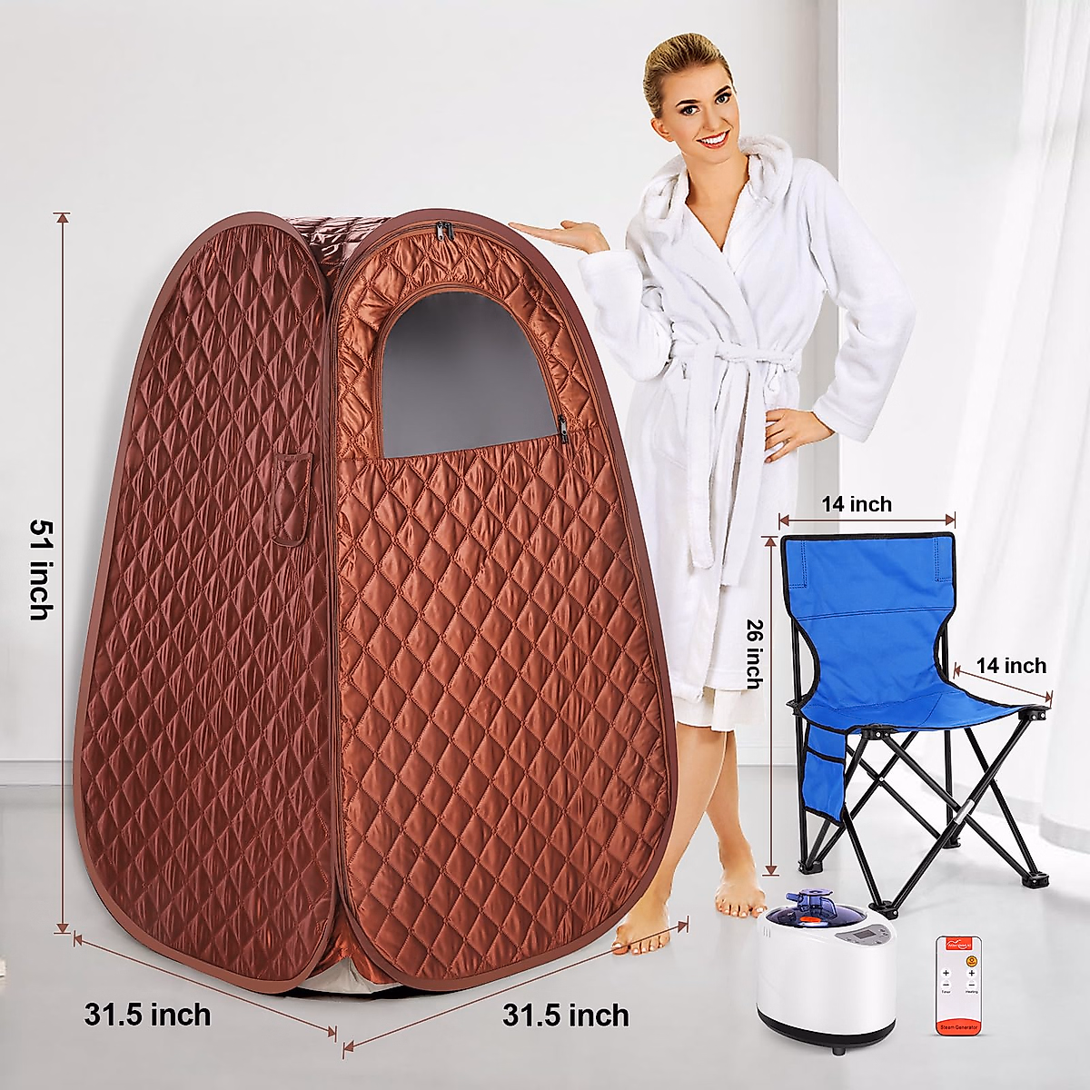 Single Person Sauna, Portable Steam Sauna Full Body for Home Spa, Sauna Tent with Steamer 2.6L 1000W Steam Generator, 90 Minute Timer, Chair, Remote Control Included(Brown)