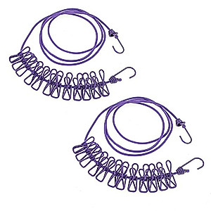 NUZAMAS 2X Clothesline 12 Pegs Clips Portable Expandable Adjustable Retractable Airer for Camping Travel Clothes Laundry Drying Outdoor and Indoor Use Purple
