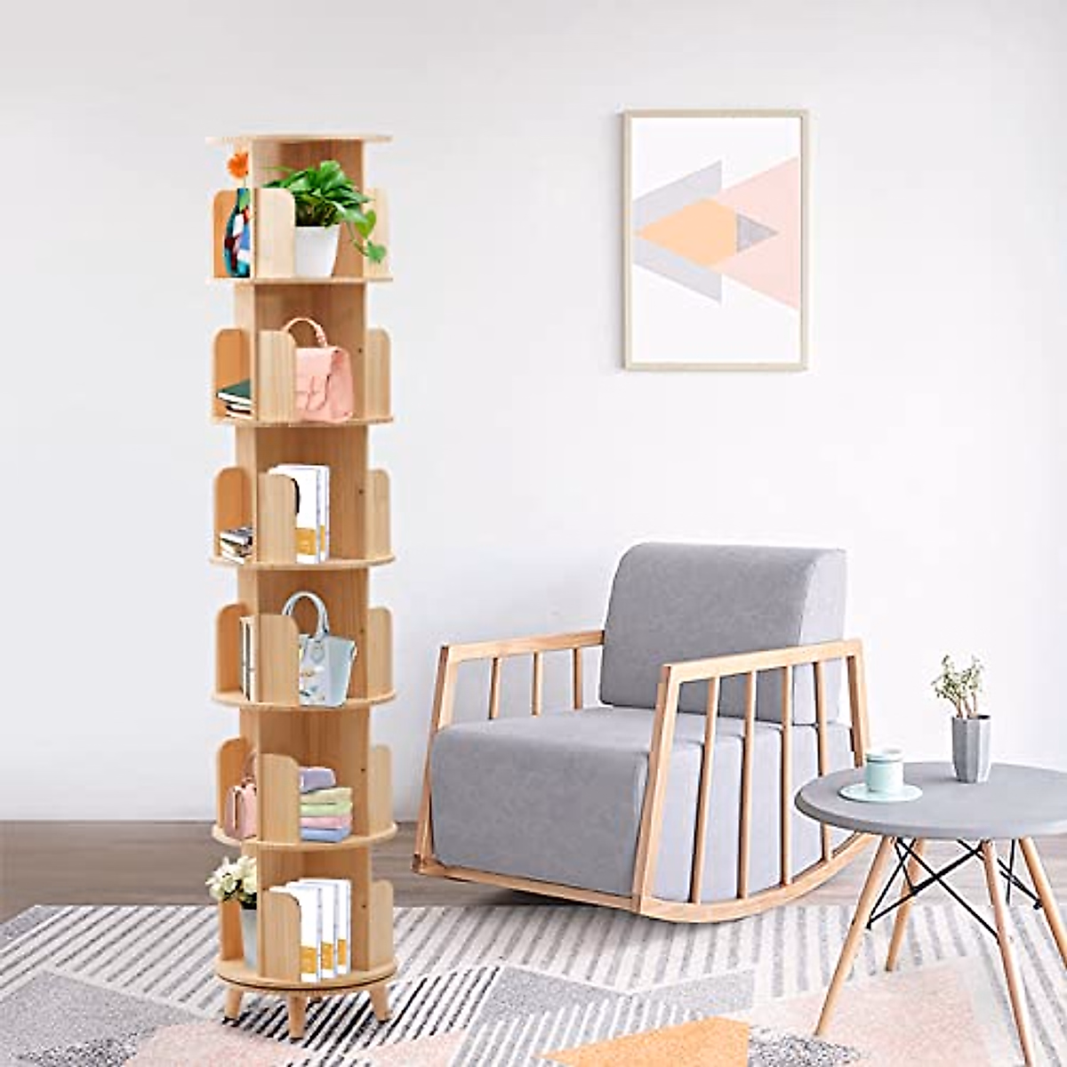 BINELUCOLU Rotating Bookshelf, 6 Tier Wood Floor Standing Bookcase Storage Rack with Legs 360 Corner Bookshelf Stackable Narrow Book Shelf for Home Office Study Room