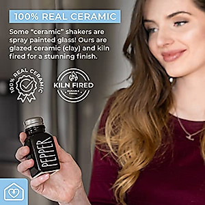 Farmhouse Ceramic Salt and Pepper Shakers Set with Extra Lids. 100% Stoneware Salt and Pepper Shaker Set. Black Pepper and White Salt Shaker with Lid x4. Kitchen Salt Pepper Shakers by Heartland Home