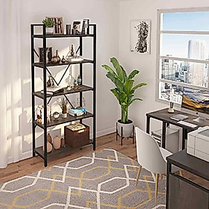 FATORRI 5 Tier Industrial Bookshelf, Rustic Open Bookcase for Display, Dark Wood and Metal Shelving Unit and Tall Book Shelves for Home Office (Walnut Brown)