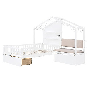 BIADNBZ Wooden Twin Size House Bed with Upholstered Sofa, House Bedframe with Charging Station, Wireless&Charging, Shelves and Two Drawers for Boy/Girl/Bedroom,White