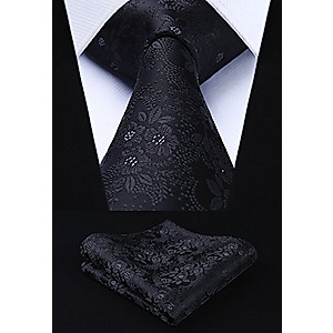 HISDERN Men Solid Black Floral Ties Woven Classic 3.4" Necktie Set Formal tie Pocket Suqare for Wedding Business with Handkerchief