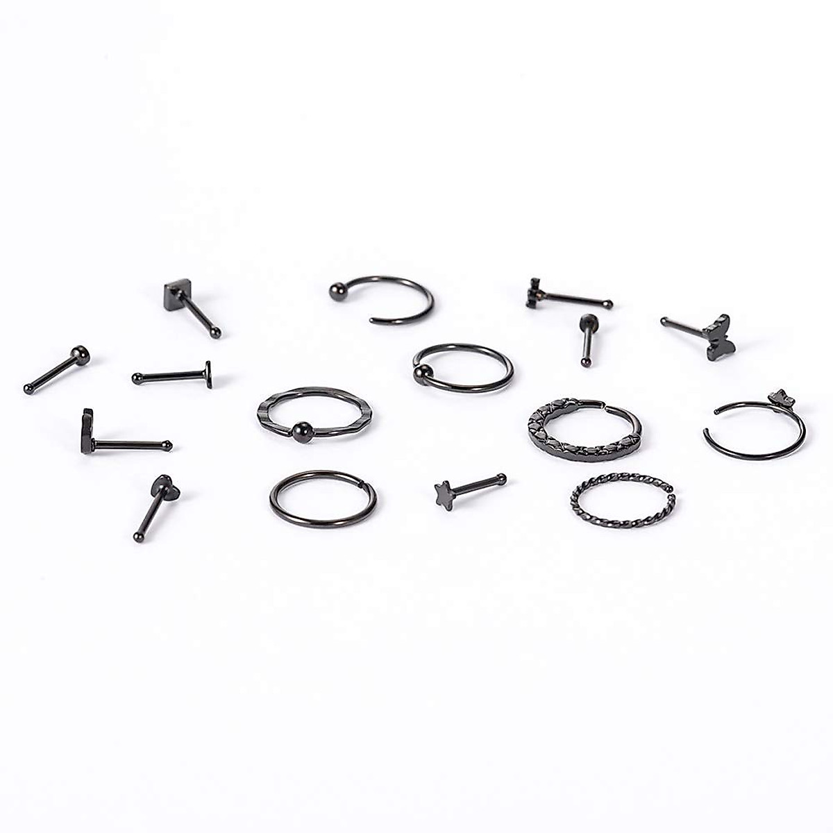 WASOLIE 16 PCS Nose Rings for Women 316L Stainless Steel Nose Piercings Jewelry Black Screw Men Nose Studs Rings.