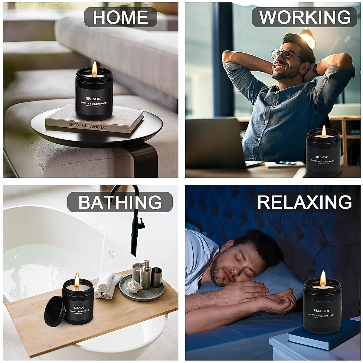 Scented Candles | BEENODI Candles for Home Scented | 7.5 OZ X 2 Pack Large Candles for Men Lavender & Eucalyptus Candle Stress Relief Gift Scents of Lavender & Eucalyptus | Vanilla & Sandalwood