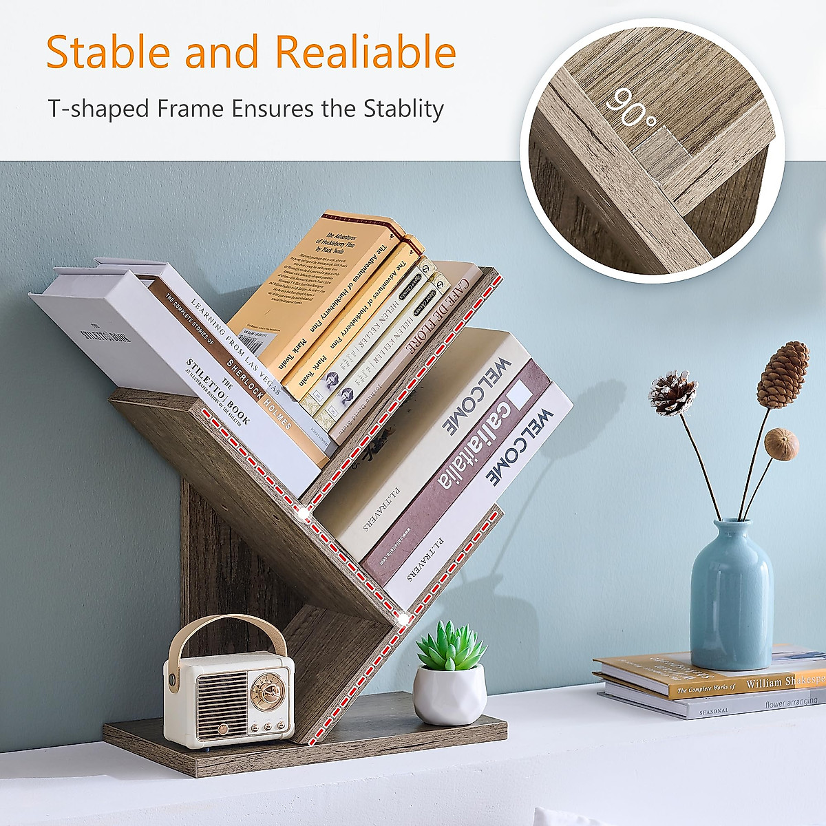 Tajsoon 3 Tier Tree Bookshelf, Small Bookshelf, Desktop Bookshelf Floor Standing Bookcase Display for CDs/Magazine/Books, Book Organizer Shelves for Bedroom, Living Room, Office, Greige