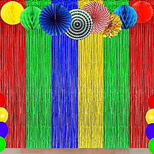 Blue Red Green Yellow Party Decorations, Blue Red Green Yellow Foil Fringe Backdrops Streamer Tinsel Curtains for Graduation Boys Girls Birthday Baby Shower Party Decor (3Pack)