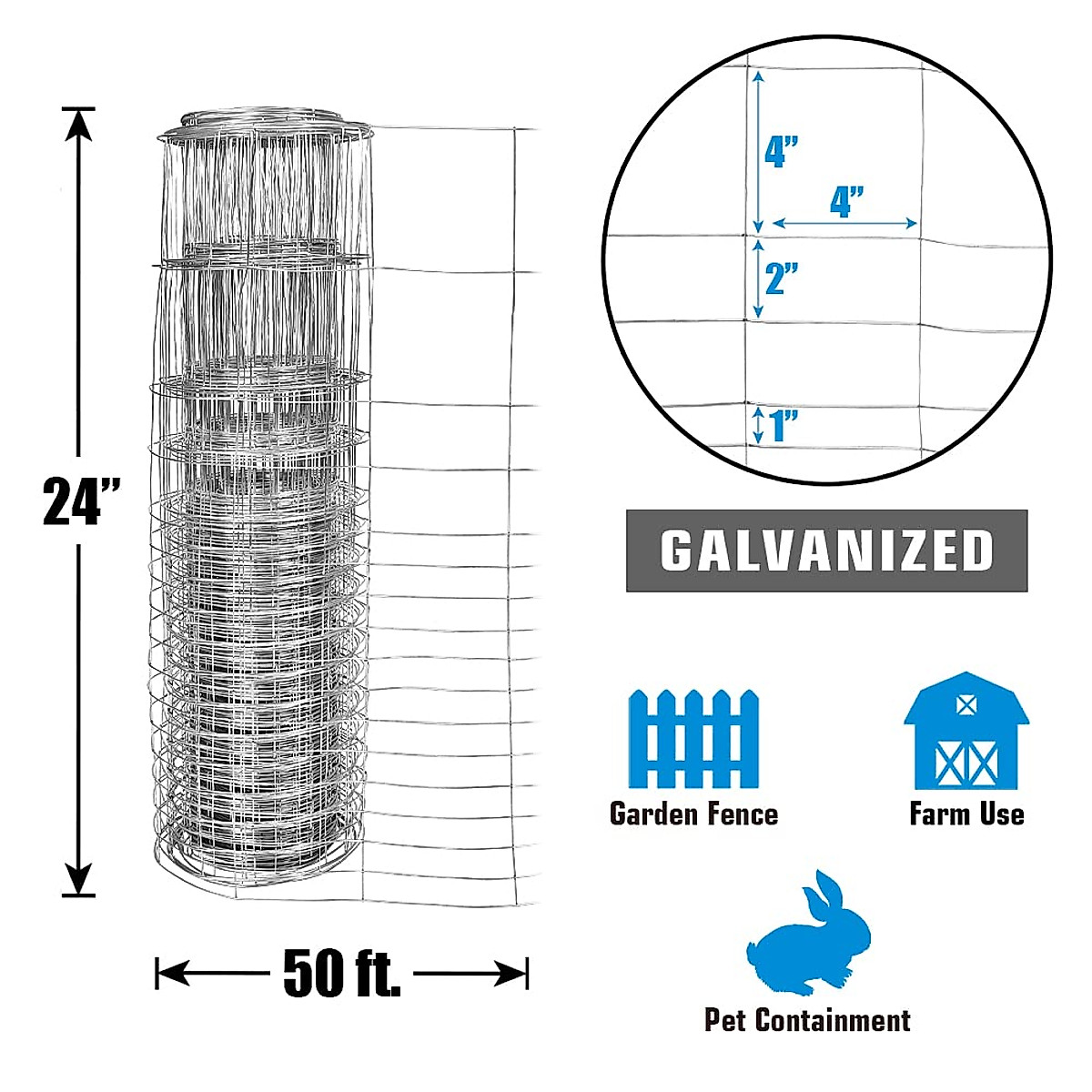 Fencer Wire 16 Gauge Galvanized Super Rabbit Guard Garden Fence, Welded Wire Fence for Preventing Rabbits, Dogs, Cats, Chickens, and Other Small Animals from Damaging The Garden (24 in. x 50 ft.)