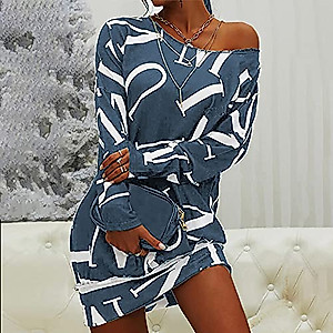 WYTong Women's Dresses Letters Printed Round Neck Dress Sweatshirt Long Sleeve Pullover Dresses(Blue,Small)