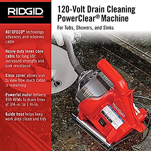 RIDGID PowerClear 120-Volt Drain Cleaning Machine Kit for Tubs, Showers, and Sinks,Red